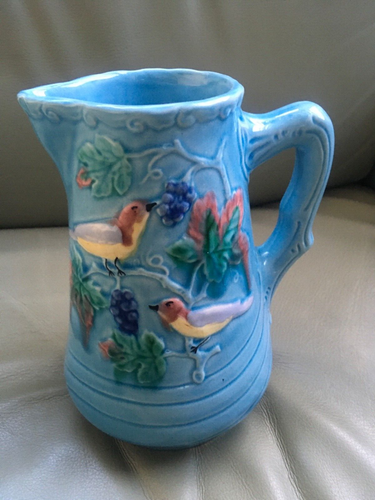 Vintage Majolica Black Forest Germany Birds & Grapes Highmount MBD Pitcher E70L | eBay