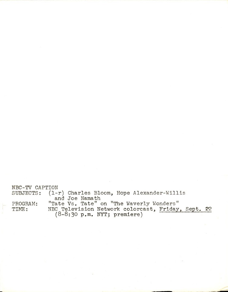 BR9 Orig Photo CHARLES BLOOM HOPE ALEXANDER-WILLIS JOE NAMATH WAVERLY ...