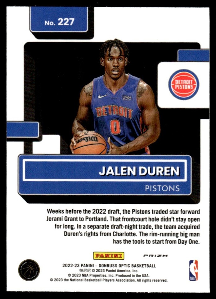 2022-23 Donruss Optic Hyper Pink Jalen Duren Rookie Detroit Pistons ...