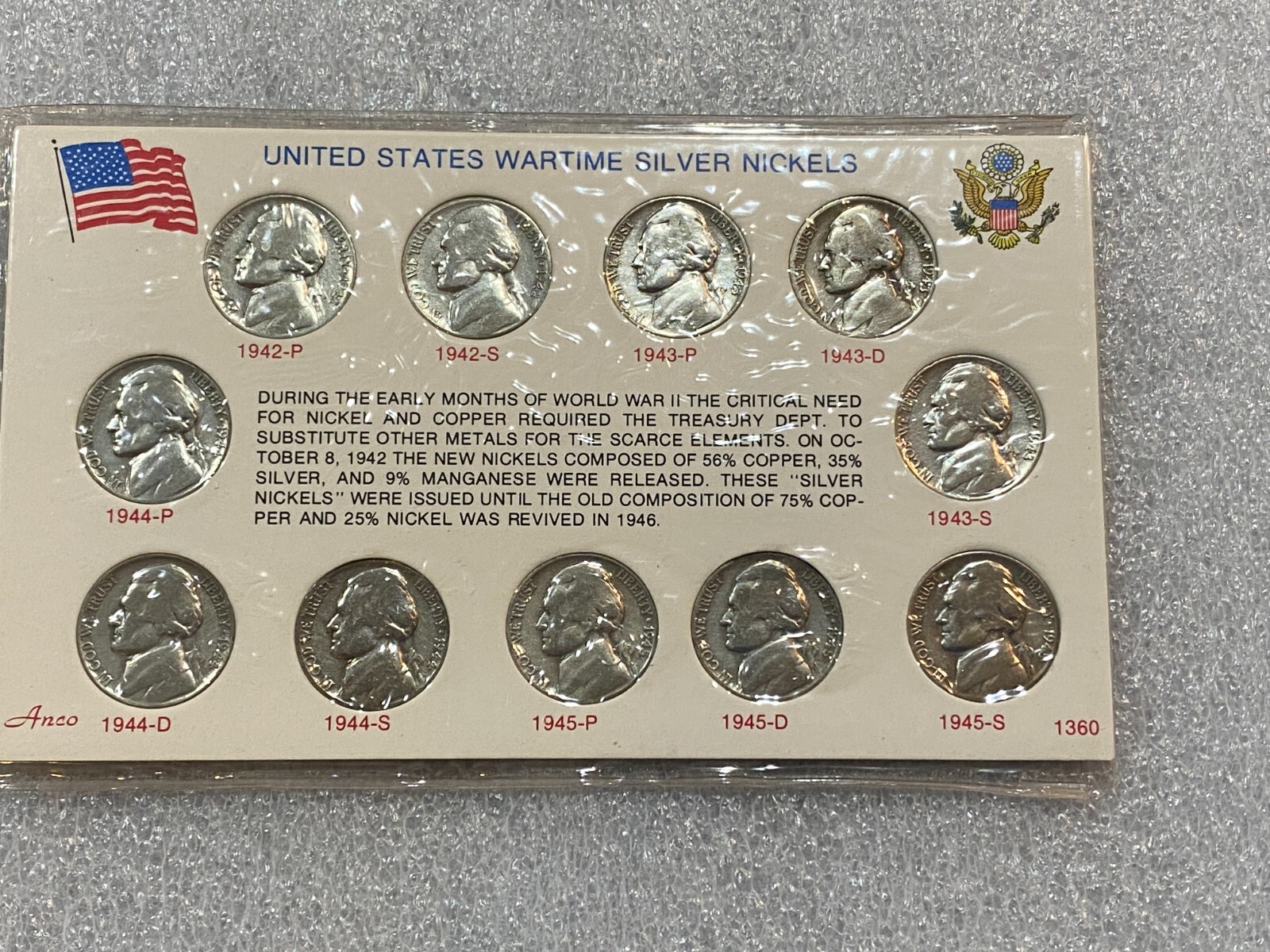US WARTIME SILVER NICKELS SET COMPLETE ~~ 11 COINS in SEALED CARD - La ...