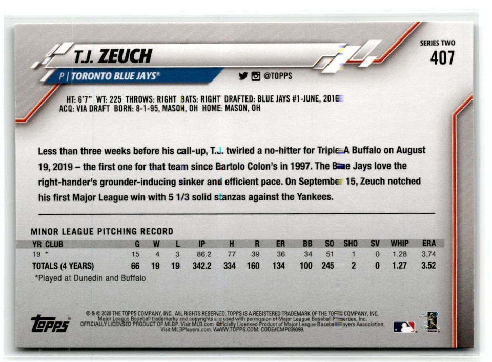 T.J. Zeuch Toronto Blue Jays 2020 Topps Rainbow Foil #407 | eBay