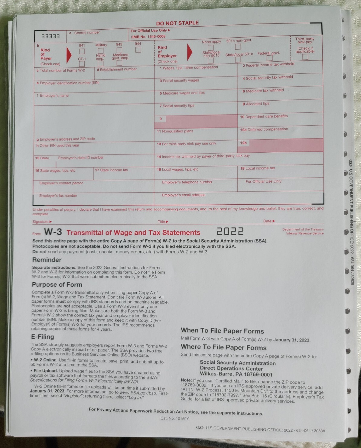 2022 IRS W-3 Transmittal of Wage And Tax Statements | eBay