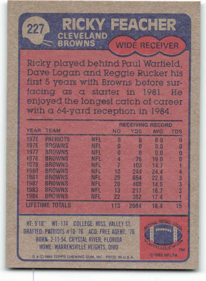 1985 Topps #227 Ricky Feacher NM++ Browns | eBay