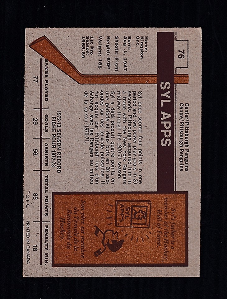 1973-74 SYL APPS #76 VG-EX OPC Pens HIGH Scoring Famous Family Star ...