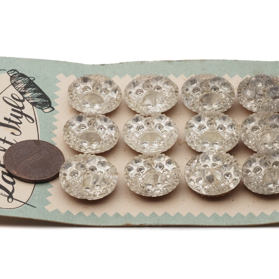 Card (12) Czech vintage "Latest Style" clear bumpy mirror glass buttons ...