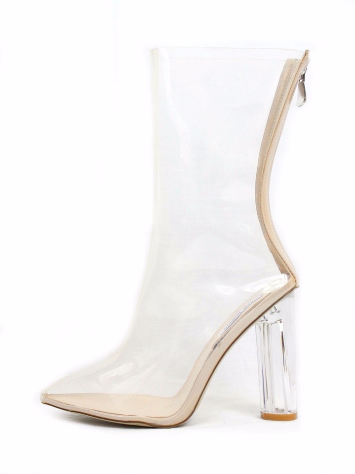 Pointy Toe Block Chunky Clear Perspex Lucite Heel Ankle Boot Bootie ...