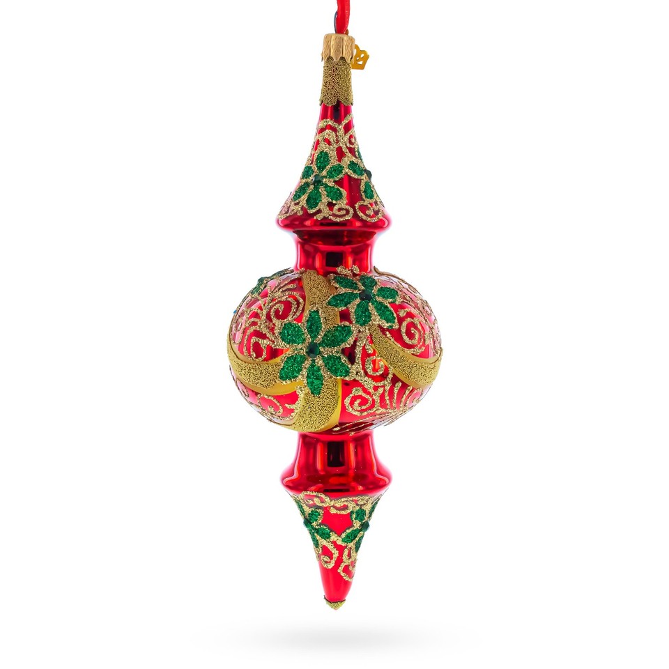 Holly & Gold Scroll Double-Ended Finial Drop Glass Ornament | eBay