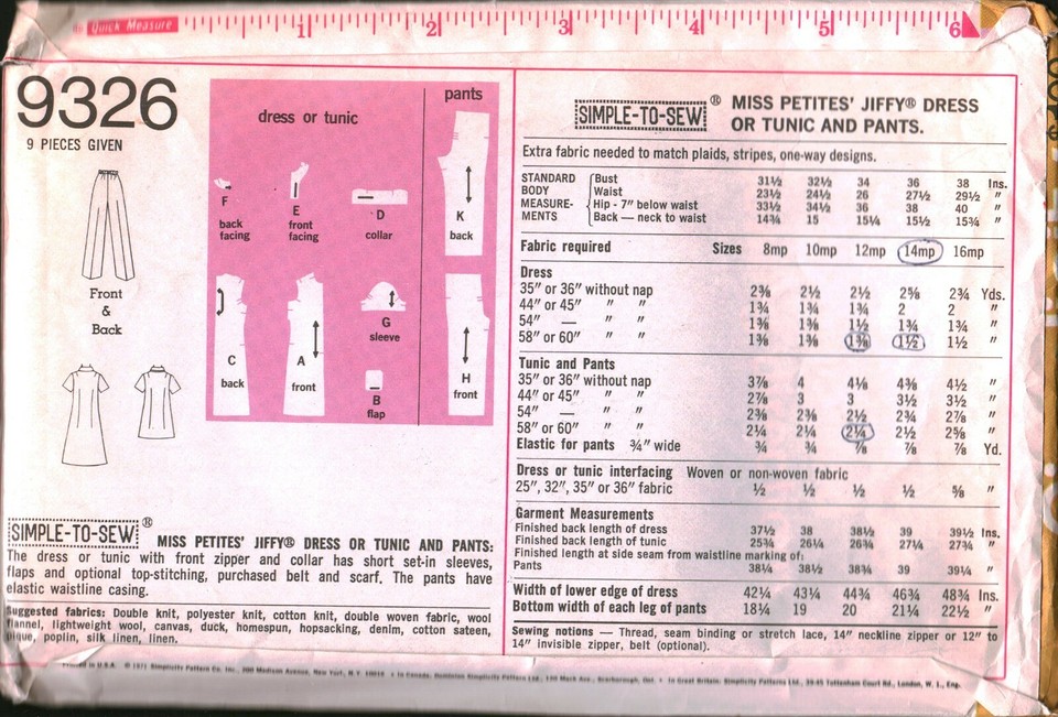 9326 Vintage Simplicity Sewing Pattern Misses Jiffy Dress Tunic Pants ...