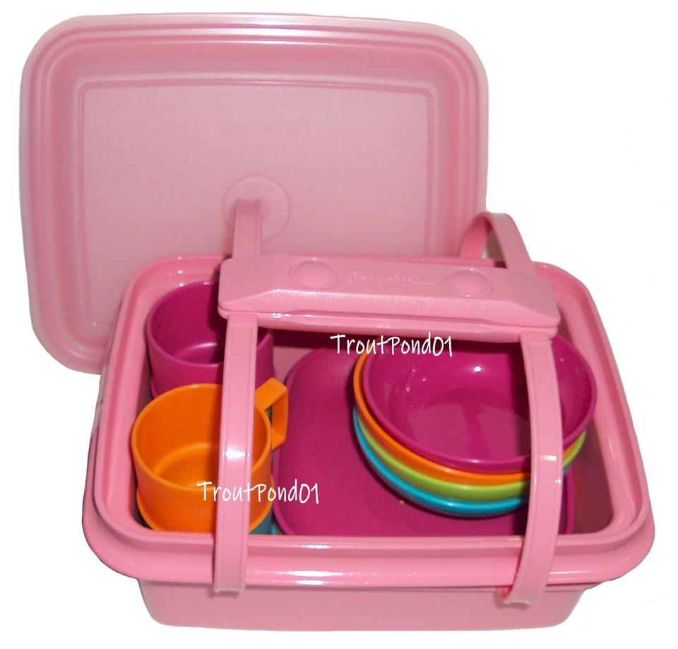Tupperware Kids Dishes Mini Party Play Set Carry Case Plates Mugs Bowls ...