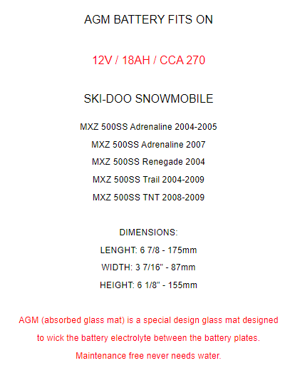 AGM Battery for Skidoo Mxz 500Ss Adrenaline Renegade Trail Tnt 2004 ...