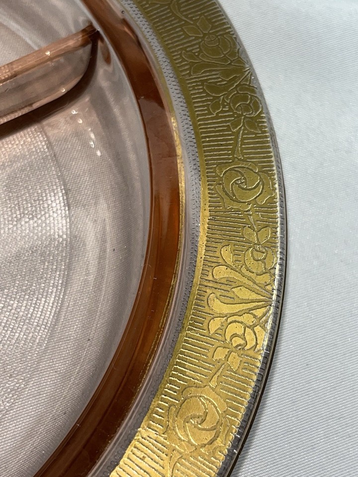 Vintage Pink Depression Glass Divided Dish With Gold Embossed Trim | eBay