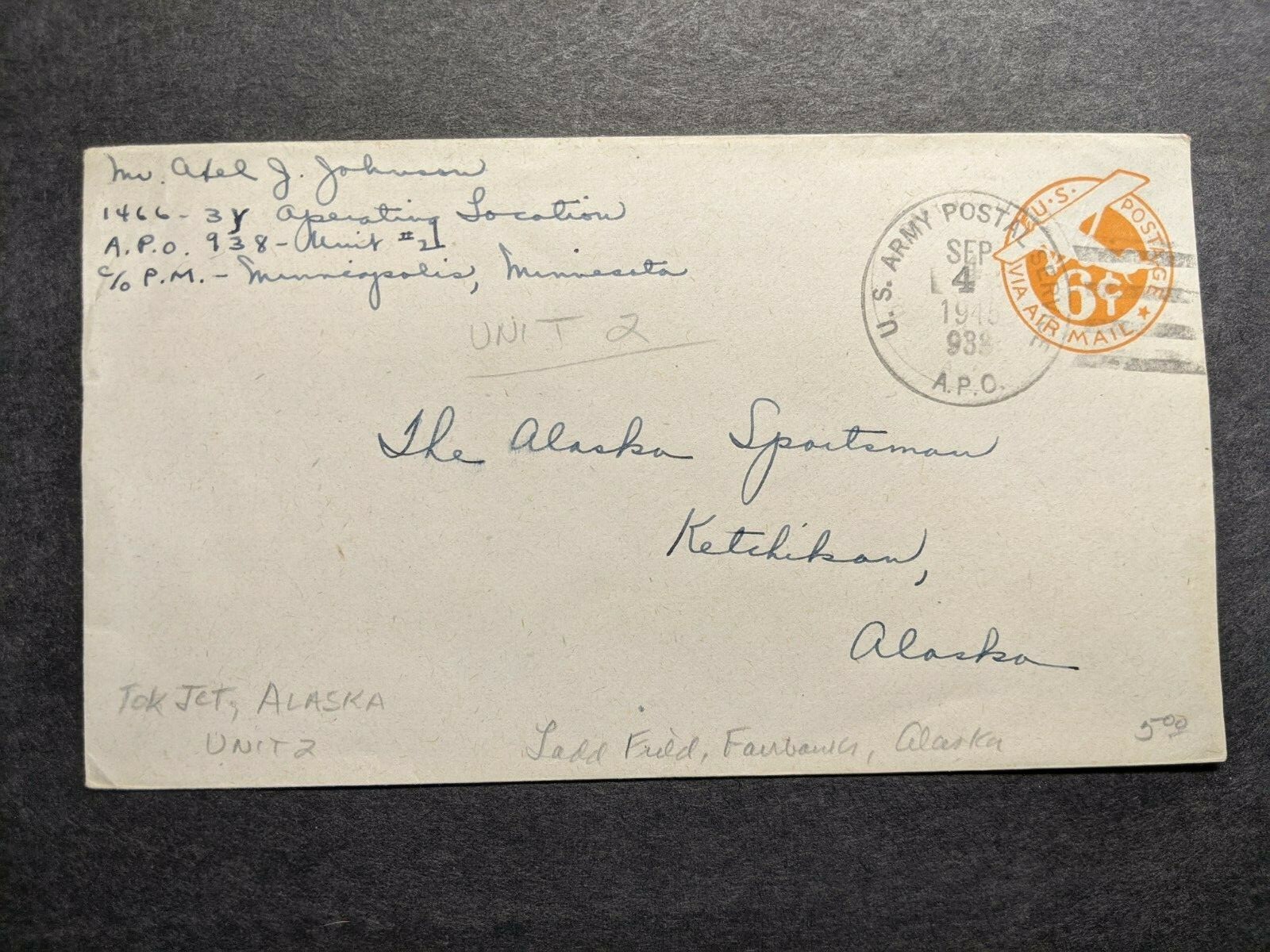 APO 938 LADD FIELD, FAIRBANKS, ALASKA 1945 WWII Army Cover INTER-ALASKA ...