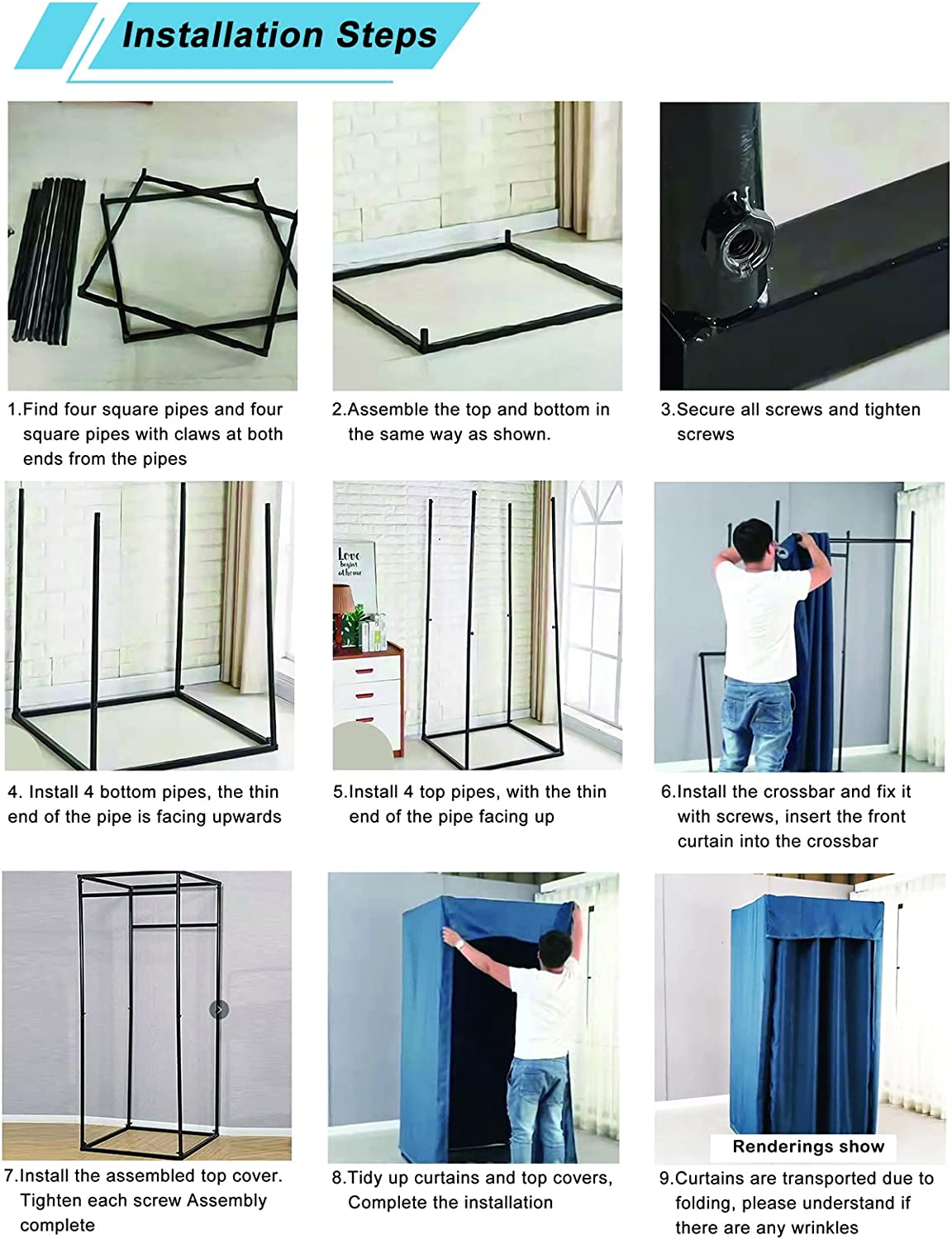 Mobile Fitting Room, Portable Dressing Room Frame with Curtain and Hook ...