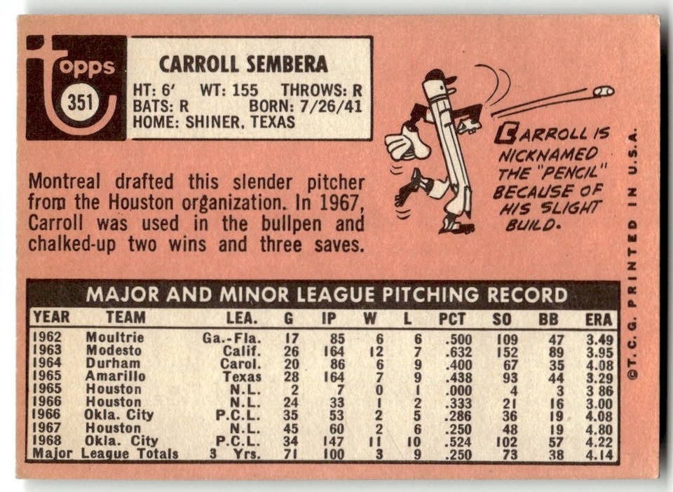1969 Topps #351 Carroll Sembera Montreal Expos SIGNED AUTO NO RESERVE ...
