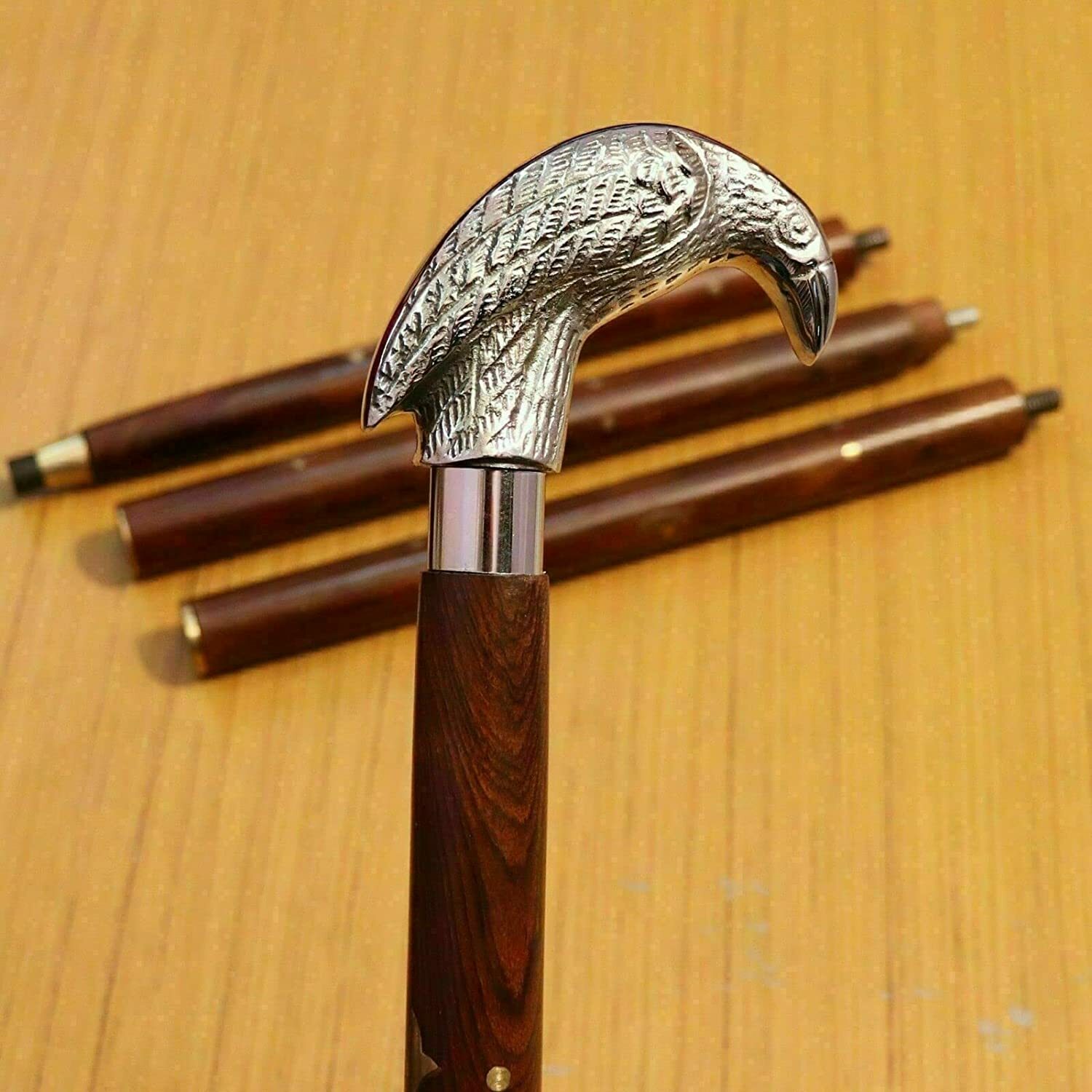 Brass Raven Crow Walking Stick Wooden Cane Silver Wor… - Gem