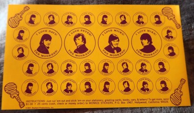 Vintage 1967 UNUSED SHEET of 40 The Monkees STICKERS~Raybert Prod. | eBay