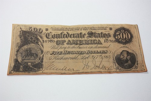 1864 Confederate States $500 Note Confederate Currency REPRODUCTION ...