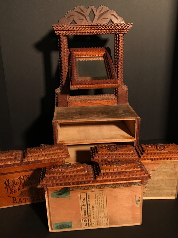 SPECTACULAR CIGAR BOX TRAMP ART 3-DRAWER MIRROR CHEST,INDIANA,C1900,ALL ...