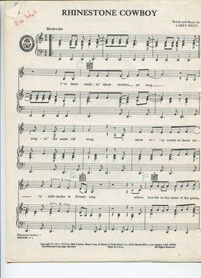 Rhinestone Cowboy Words And Music By Larry Weiss Sheet Music | eBay