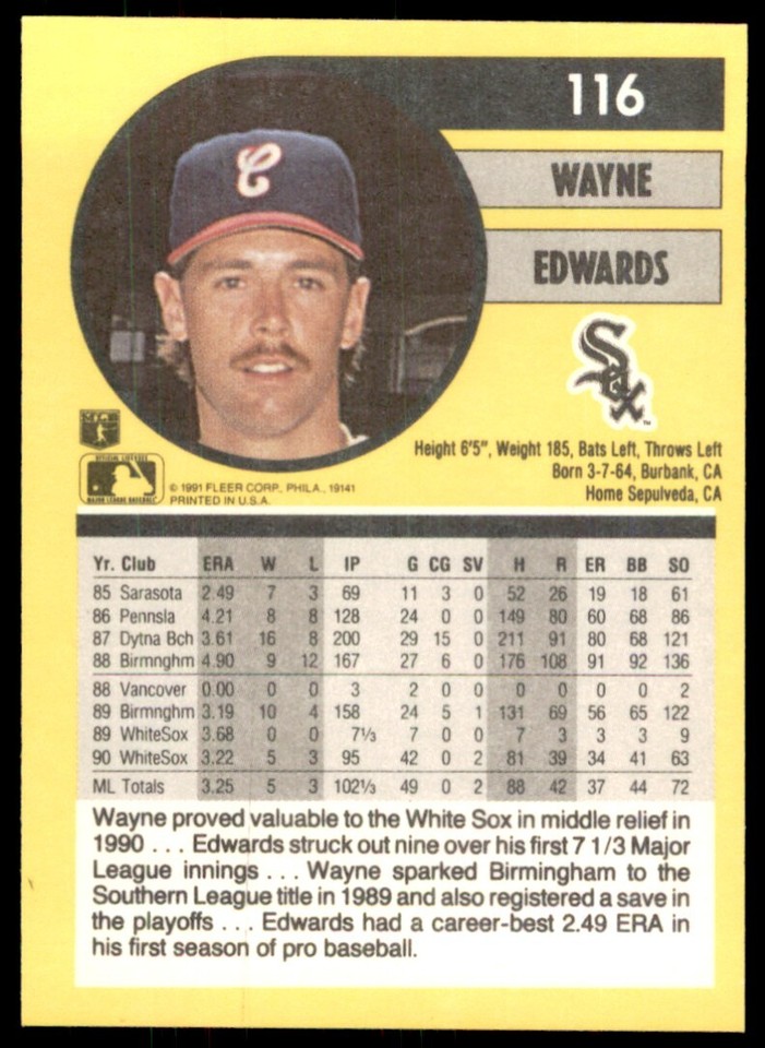1991 FLEER WAYNE EDWARDS CHICAGO WHITE SOX #116 | eBay