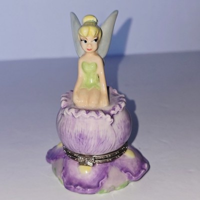 DISNEY STORE 3.75" TINKER BELL ON PURPLE FLOWER PORCELAIN TRINKET BOX ...