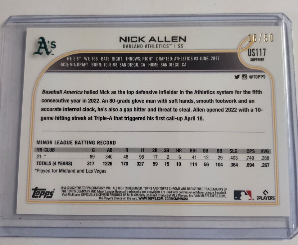 2022 Topps Chrome Sapphire Nick Allen US117 Rookie Gold Refractor /50 ...