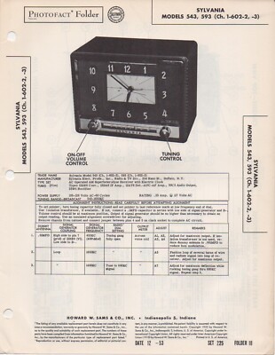 1953 SYLVANIA 543 RADIO SERVICE MANUAL PHOTOFACT SCHEMATIC 593 1-602-2 ...