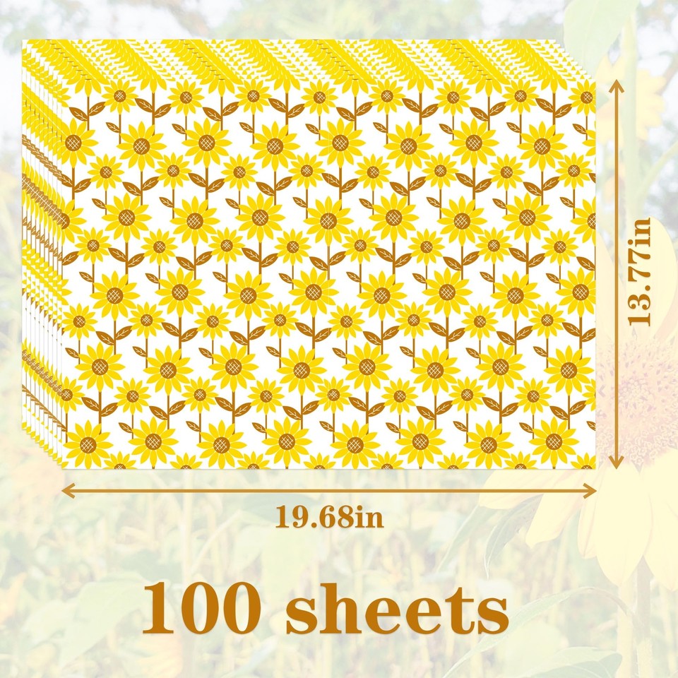 100 Sheets Sunflower Tissue Paper BulkWhite with Sunflower Pattern ...