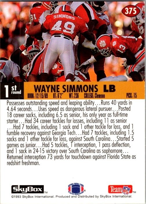 1993 SkyBox Wayne Simmons 375 Impact Football Card - NM - Free Ship | eBay