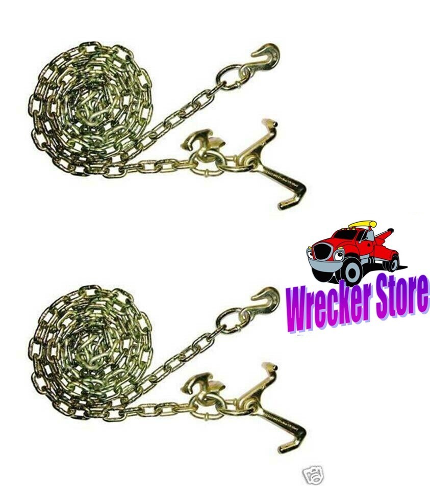 1 Pair ,10' G70 CHAIN, GRAB, R, T, Mini J HOOK, TOW TRUCK, WRECKER ...