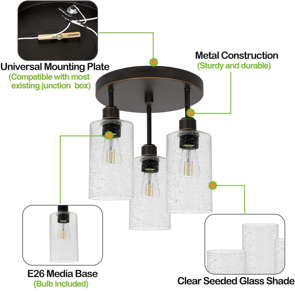 3-Light Flush Mount Ceiling Light, LED Edison Bulbs as Bonus with ...