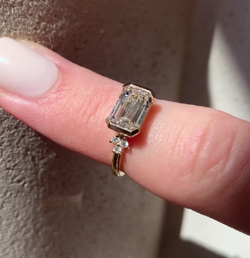 East West Emerald Cut Moissanite Engagement Ring Cluster Half Bezel ...