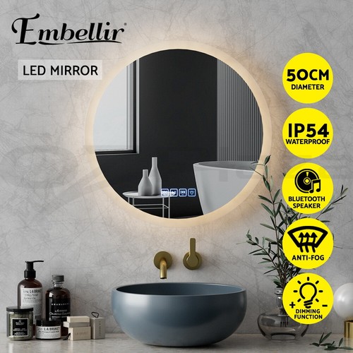 Embellir Bluetooth LED Wall Mirror With Light 50CM Bathroom Decor Round ...