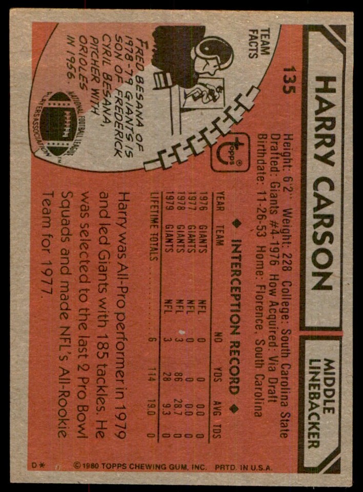 1980 TOPPS.FOOTBALL HARRY CARSON NEW YORK GIANTS #135 | eBay