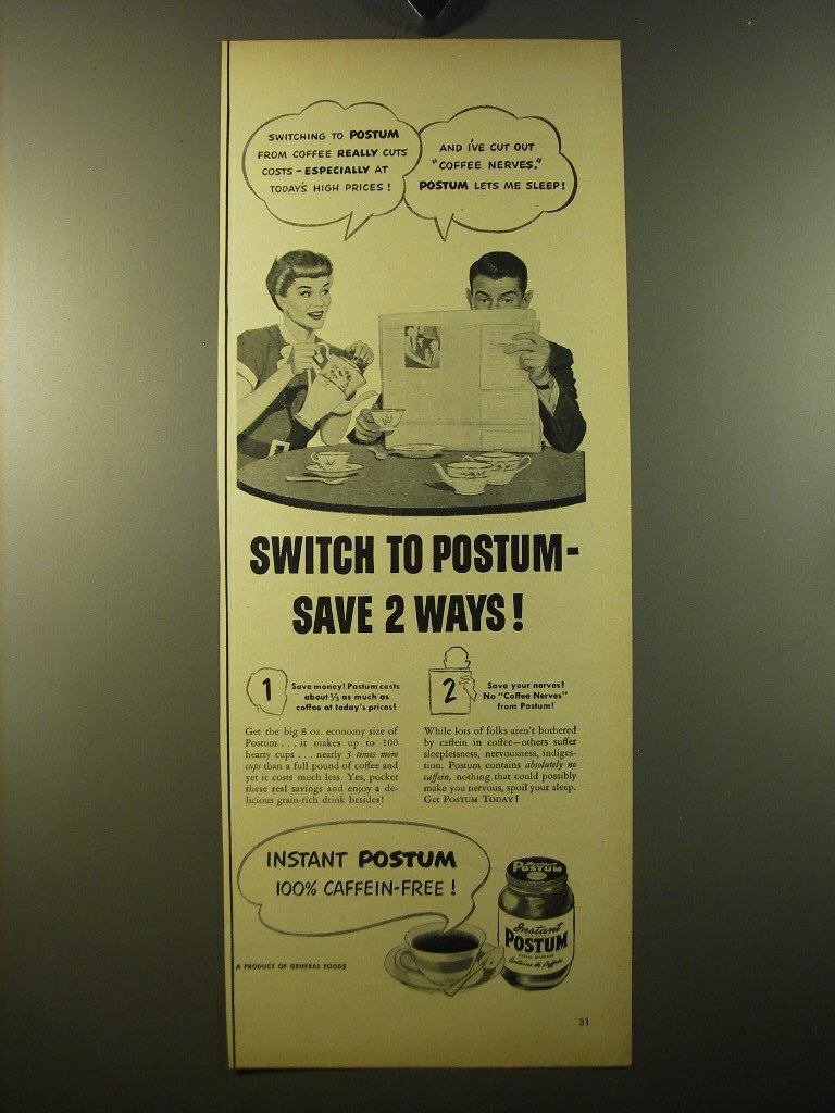 1950 Instant Postum Advertisement - Switch to postum - save 2 ways | eBay