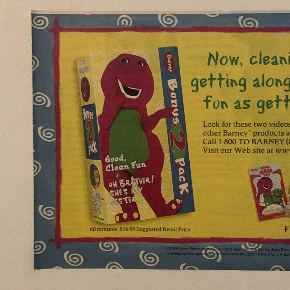1998 Barney VHS Promo PRINT AD Good Clean Fun VTG 1990s Purple Dinosaur ...