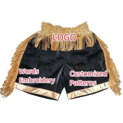 Customized Black Muay Thai Shorts Fringe Kick Boxing Paints Satin Mma ...