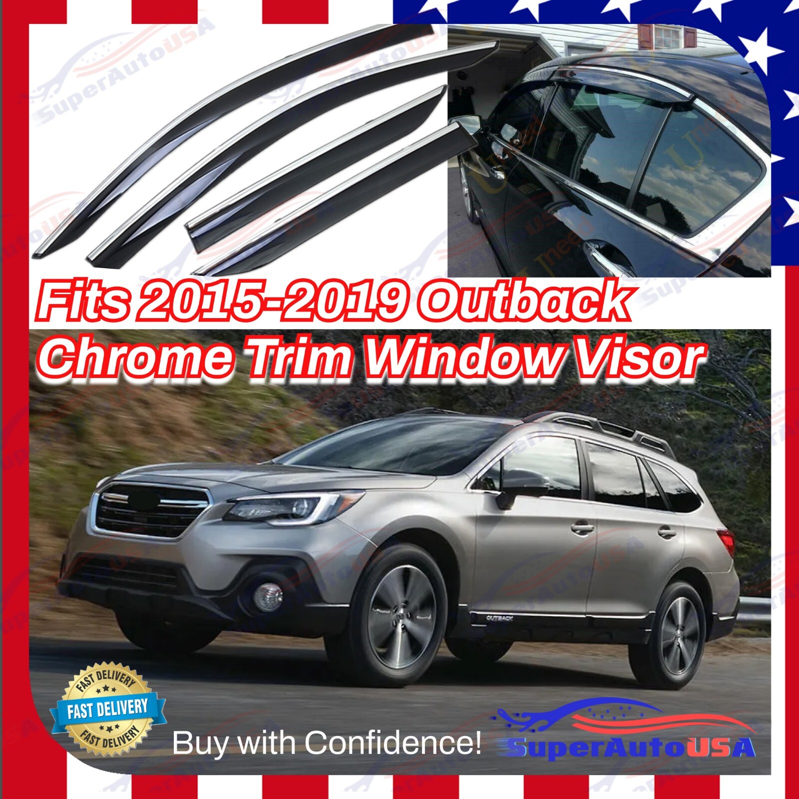 2015-2019 Subaru Outback Chrome Trim Tinted Window Visor Rain Sun Guard ...