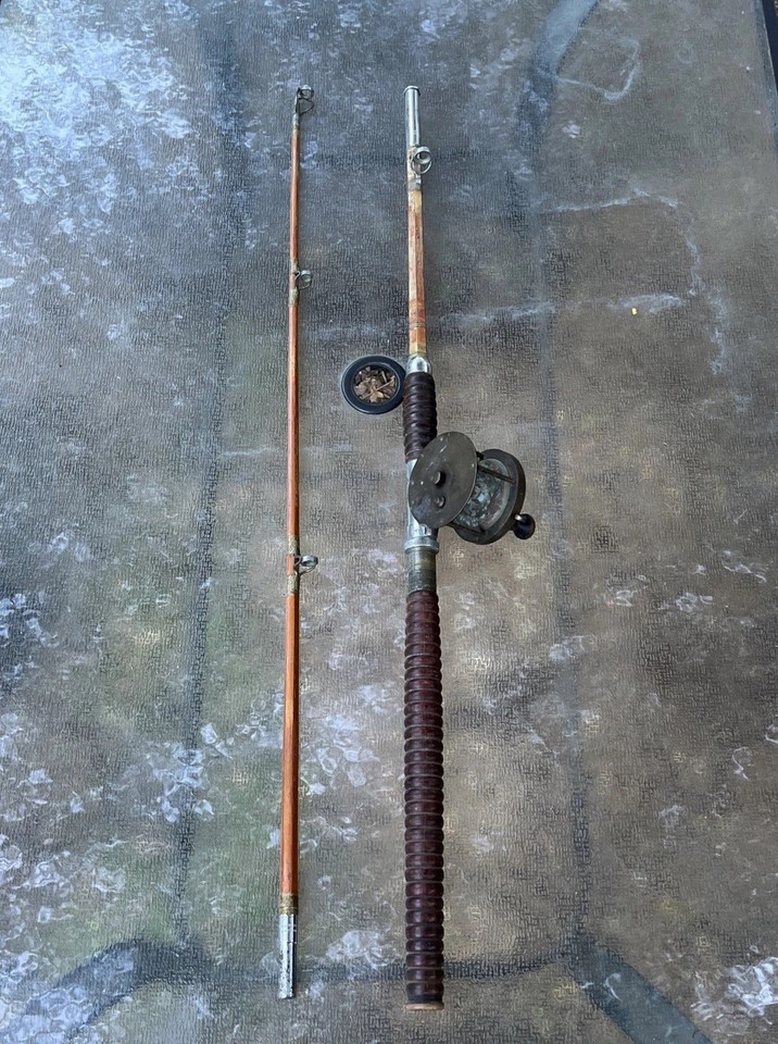 Vintage Antique Bamboo Cane Fishing Rod & Reel, 2 Piece, Bait Casting ...