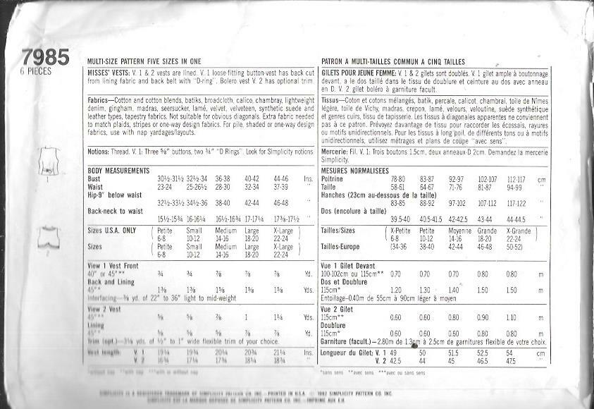 Vintage Simplicity #7985 Misses Vests Waistcoat - Size PT-XL | eBay