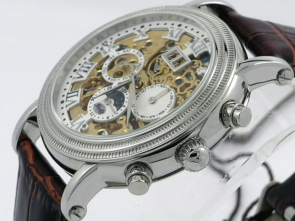 NEW ROMILLY CABOT AUTOMATIC SKELETON MULTI FUNCTION WATCH SILVER BROWN ...