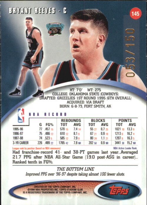 1998-99 Stadium Club One Of A Kind Basketball Card #145 Bryant Reeves ...