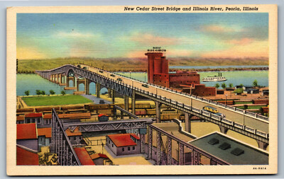 Postcard IL Aerial View Cedar Street Bridge & Illinois River Peoria ...
