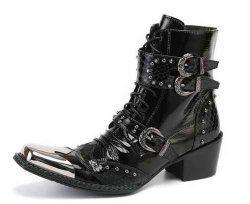 Men's Fashion Punk Rock Square Toe Buckle Strap Lace Up Leather Ankle ...