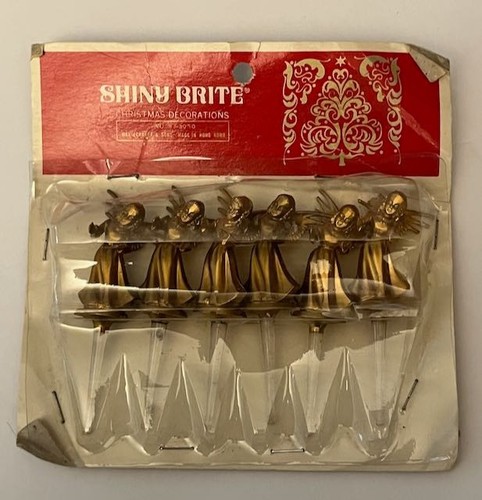 Vintage NOS Shiny Brite Christmas 6 Gold Plastic ANGEL Pick Ornaments ...