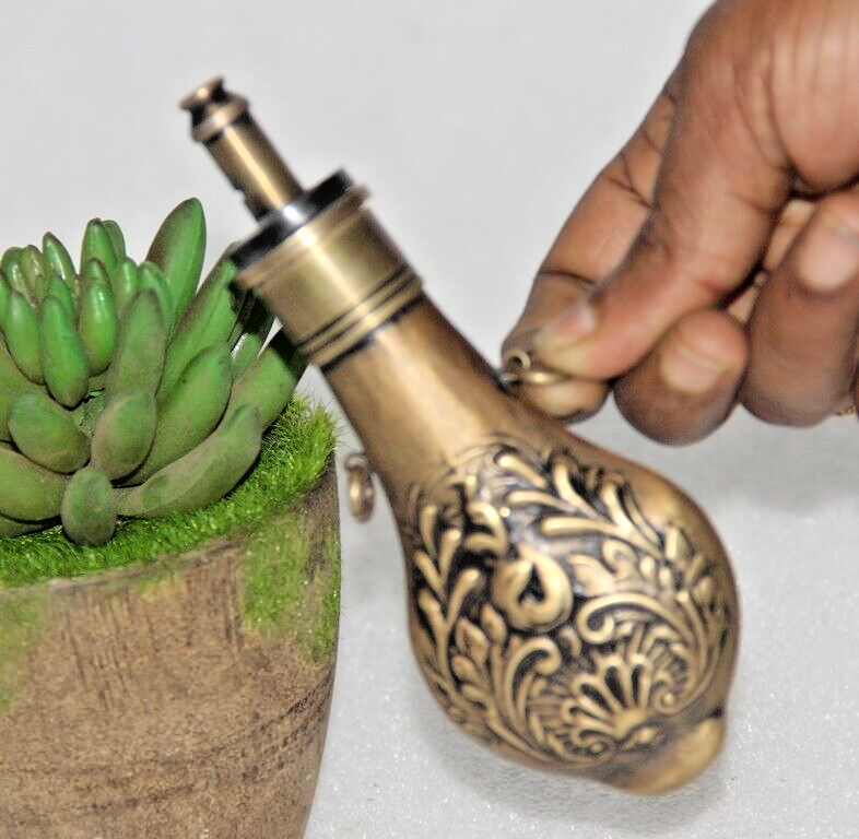 Vintage Victorian Look Brass Engraved Gun Powder Bottle, Flask - 13985 ...
