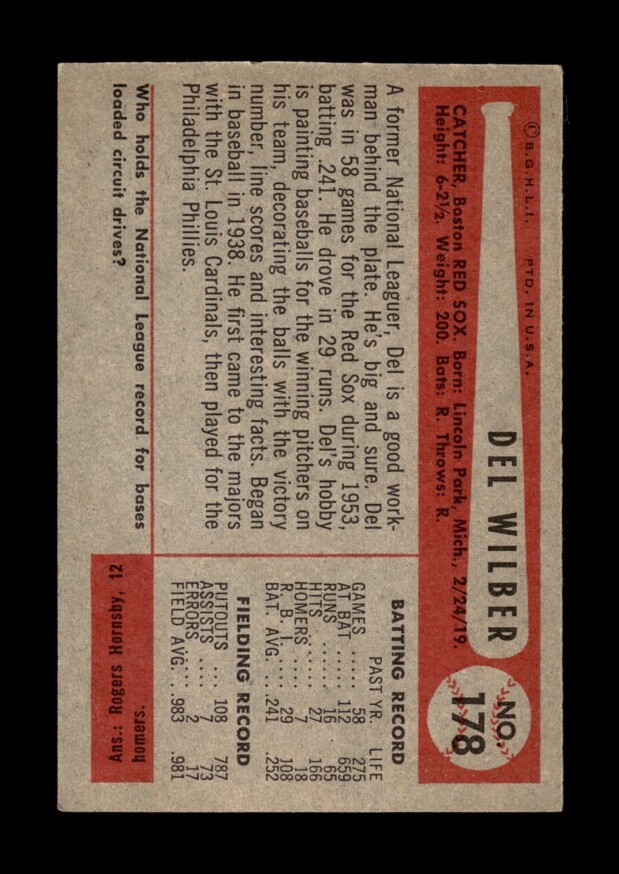 1954 Bowman Set-Break #178 Del Wilber VG-VGEX *GMCARDS* | eBay