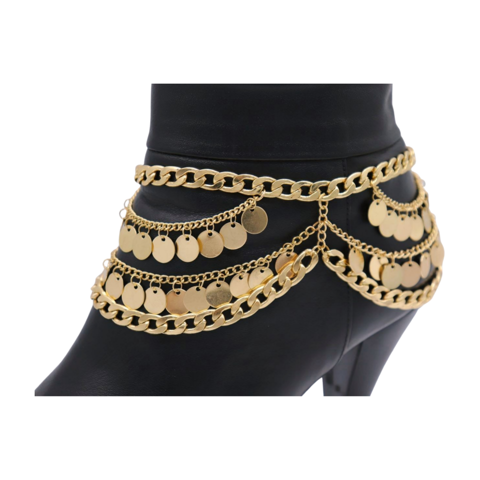 Women Gold Metal Boot Chain Bracelet Shoe Anklet Wave Circle Charms ...