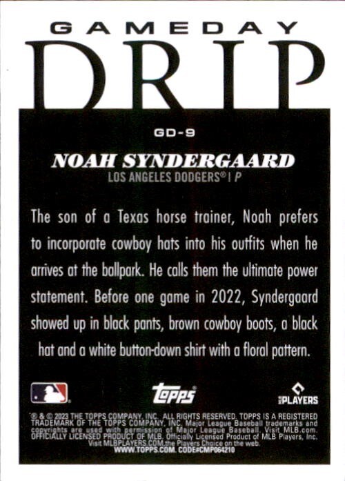 2023 Topps BIG LEAGUE GAMEDAY DRIP GD-9 Noah Syndegaard SSP BLUE FOIL ...