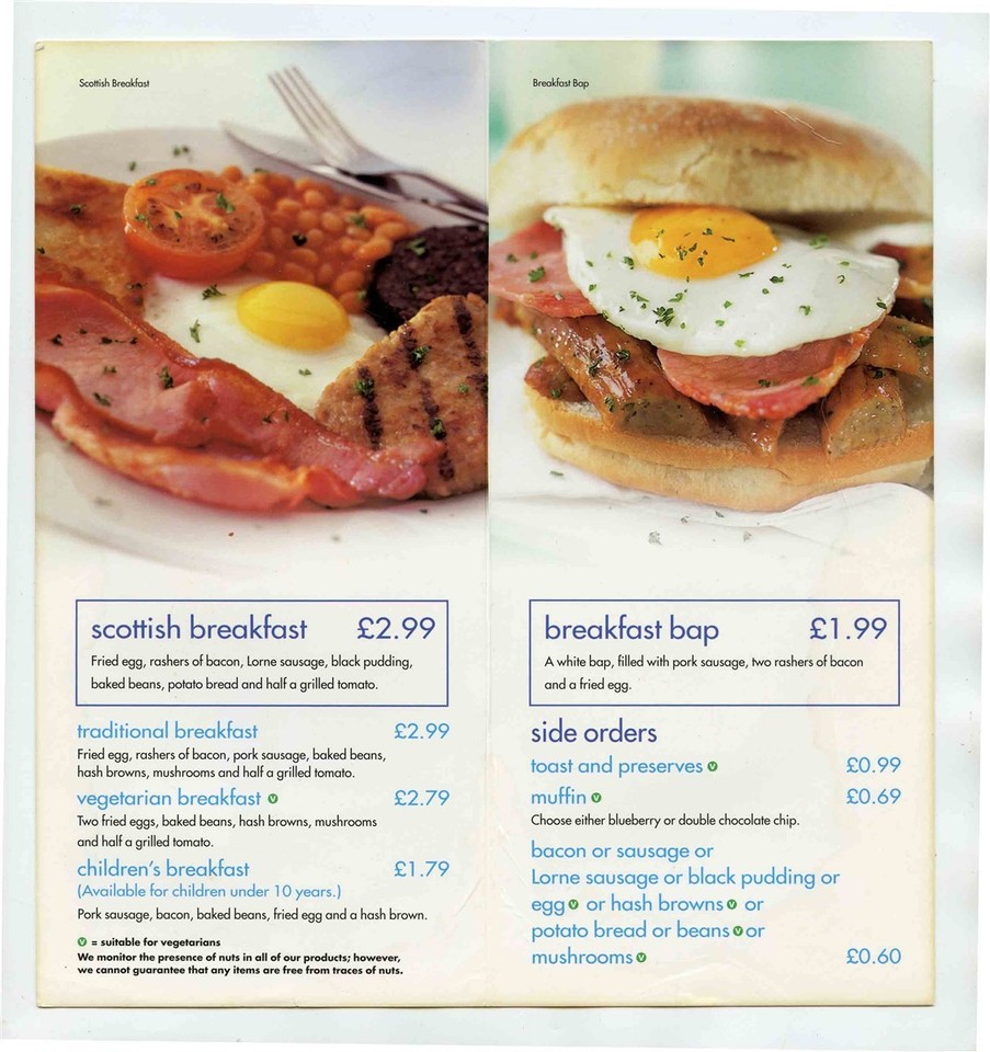 J D Wetherspoon Breakfast Menu Scotland UK Ireland | eBay